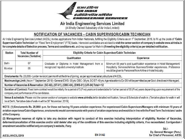 Air India Recruitment For Cabin Supervisors Post Through 'Walk-In ...