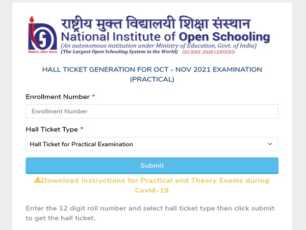 NIOS Practical Hall Ticket 2021 Released For Oct-Nov Examination ...