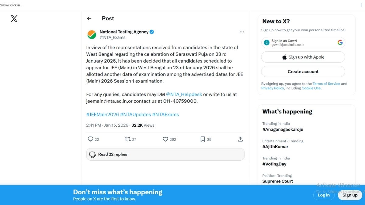 JEE Main 2026 Session 1: NTA Reschedules Exam for West Bengal ...